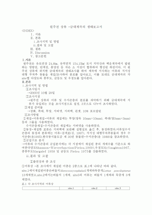 [동물생태]원주천상류 금대계곡의 생태보고서