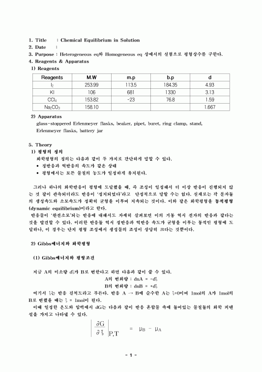 Chemical Equilibrium in Solution (용액상 화학평형)