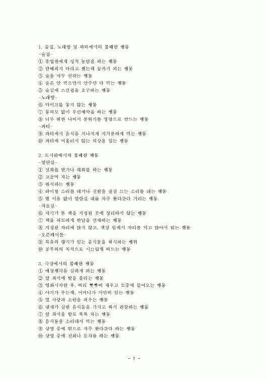 여러상황과 장소에서의 불쾌한 행동