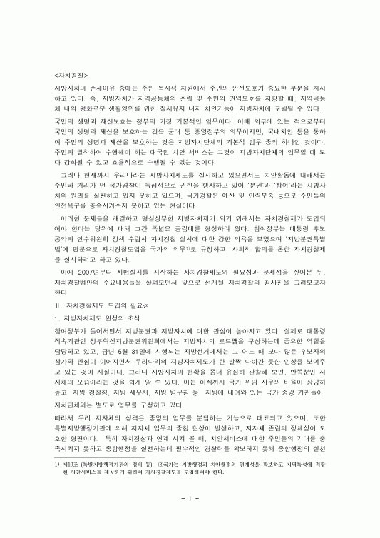 자치경찰제도에 대한 분석(도입의 필요성 및 문제점에 대한 대책, 청사진 제시)