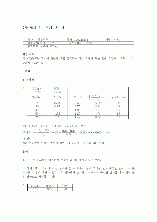 물리학 실험 7장 힘과 일 결과 레포트
