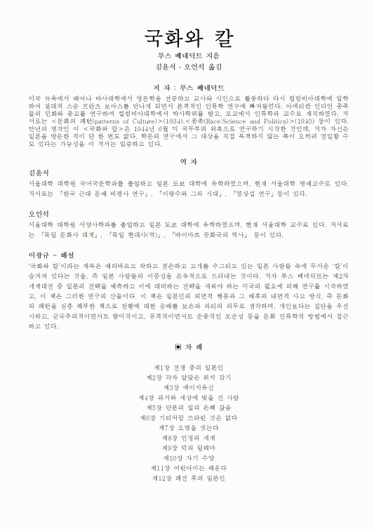 루스 베네딕트의 국화와 칼을 읽고 독후감