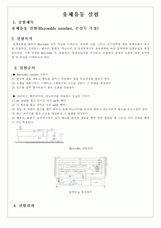 유체유동 실험 (레이놀즈 수 측정 및 손실두 측정 실험) 결과보고서