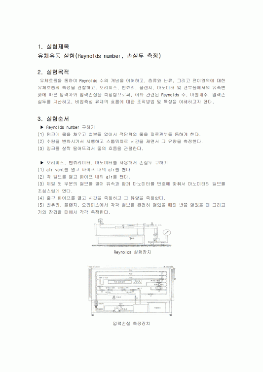 유체유동 실험(Reynolds number, 손실두 측정 실험) 예비보고서