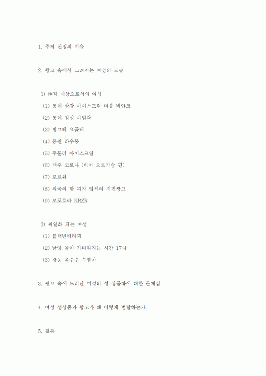 여성의 성이 상품화 모습과 문제점 및 원인 분석 레포트 (각종 광고를 통해 알아봄)