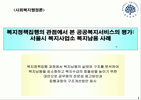 복지정책집행의 관점에서 본 공공복지서비서의 평가.