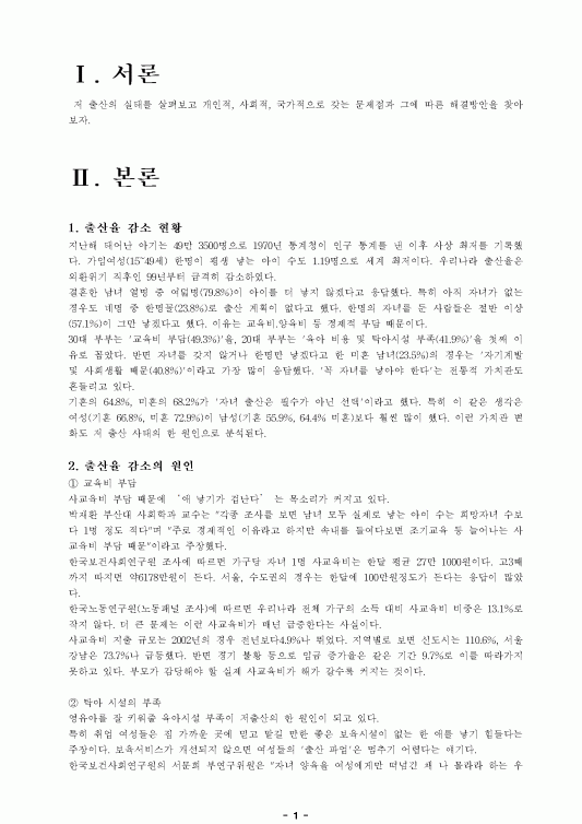 저출산문제의 심각성 및 해결방안에 대해 조사, 정리한 리포트