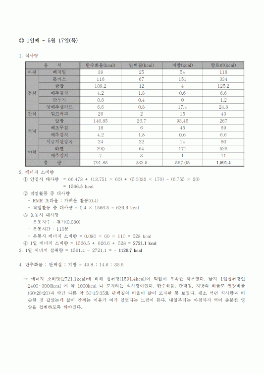 10일동안의 칼로리계산 및 에너지 소비량 계산, 평가.