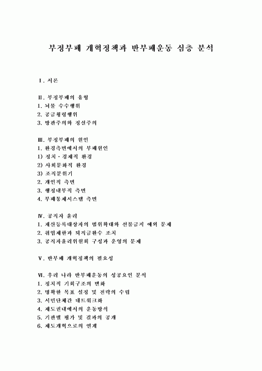 [부정부패][부정부패 개혁정책][반부패운동]부정부패 개혁정책과 반부패운동 심층 분석(부정부패의 유형, 부정부패의 원인, 공직자윤리, 반부패개혁정책의 필요성, 반부패운동의 성공요인, 반부패활동계획)