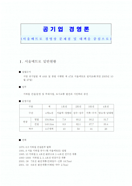 서울메트로 경영상 문제점 및 대책