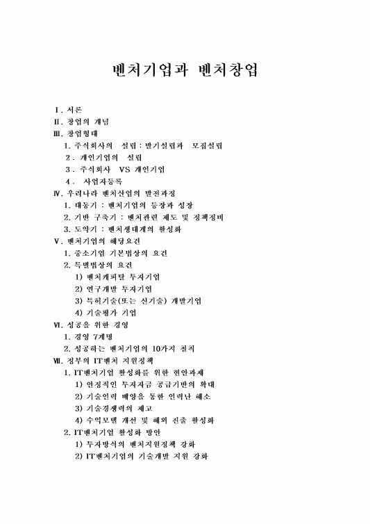 창업의 개념, 창업의 형태, 벤처산업의 발전과정, 벤처기업의 해당요건, 벤처기업의 성공을 위한 경영, 정부의 IT벤처 지원정책, 벤처창업과 세금, 벤처창업절차, 기업 가치 극대화 전략, 유망 창업아이템 사례