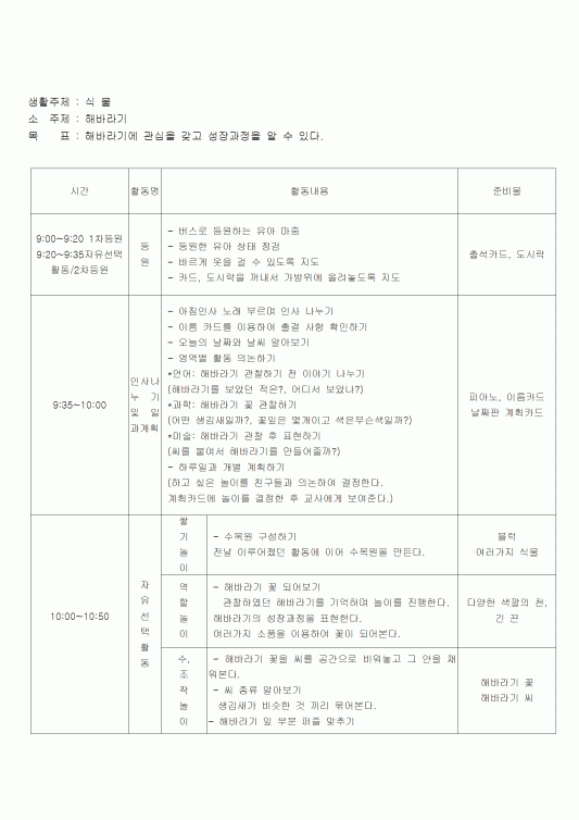 [유아교육]해바라기 일일계획안