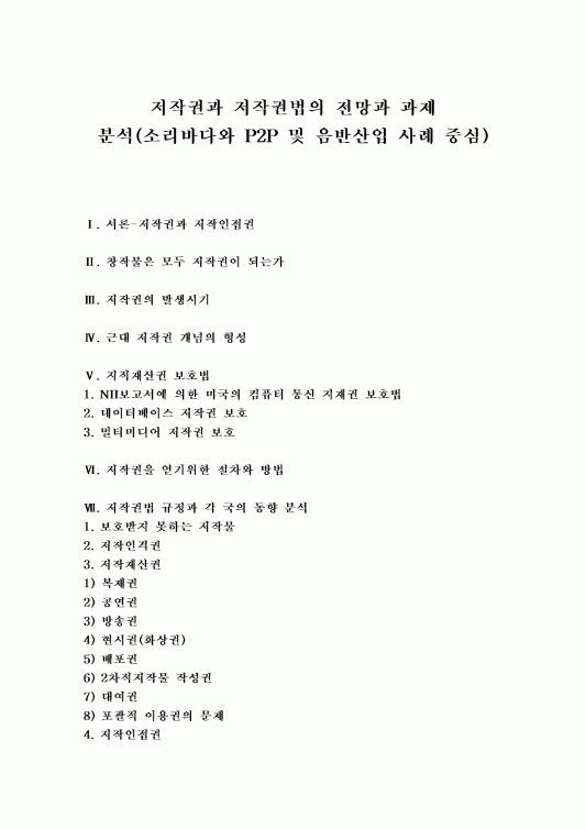 [저작권]저작권과 저작인접권, 창작물과 저작권, 저작권발생시기, 지적재산권 보호법, 저작권법 규정과 각 국 동향, 냅스터와 소리바다, P2P와 유료화, 저작권법에 기한 음반제작 구조, 저작권의 전망, 과제