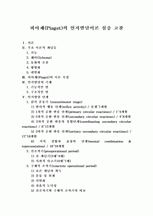 [피아제]피아제(Piaget) 주요 이론적 개념들, 피아제(Piaget) 이론 속성, 피아제(Piaget) 인지발달 기제, 피아제(Piaget) 인지발달 단계, 피아제(Piaget) 인지발달기제 학습적용, 피아제(Piaget) 이론 평가 분석