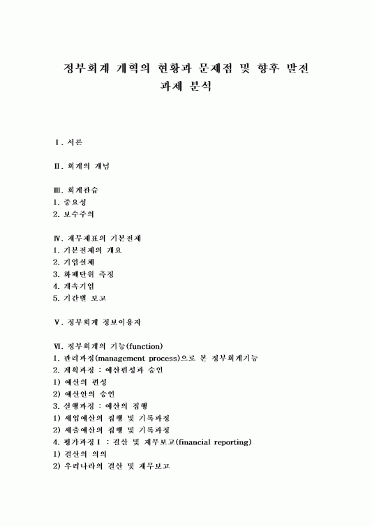 [정부회계제도]회계의 개념, 회계관습, 재무제표의 기본전제, 정부회계 정보이용자, 정부회계의 기능, 현행 감사원의 회계검사 실태와 그 문제점, 정부회계제도개혁과정 분석, 회계의 발전 과제 분석