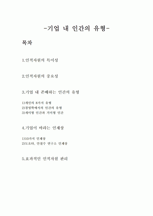 기업 내 인간의 유형과 인적자원관리