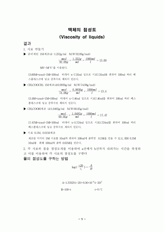 Viscosity of liquids 액체의 점성도