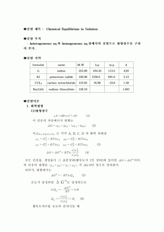 Chemical Equilibrium in Solution 용액상 화학평형