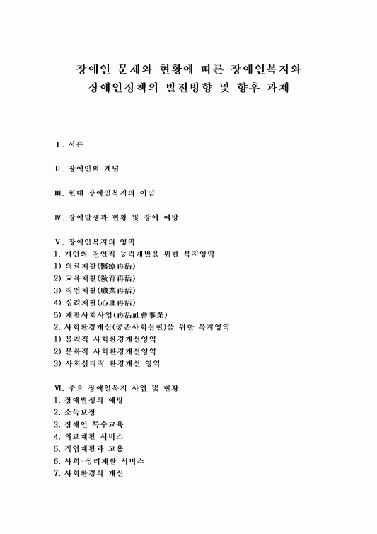 장애인의 개념, 장애인복지의 이념, 장애발생과 현황 및 장애 예방, 장애인복지의 영역, 장애인복지사업 및 현황, 장애인문제, 여성장애인 이중차별, 장애인에 대한 예의와 돕는 방법, 장애인 소득보장정책 분석