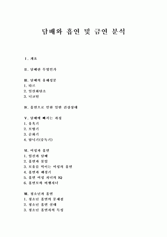 [흡연]담배란 무엇인가, 담배의 유해성분, 흡연으로 인한 일반 건강상태, 담배에 빠지는 과정, 여성과 흡연, 청소년과 흡연, 간접흡연의 위험성, 흡연과 콜레스테롤, 담배를 끊어야 하는 이유, 금연방법 분석