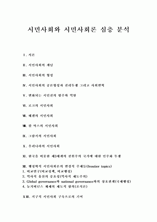 시민사회의 개념, 시민사회의 형성, 시민사회의 공론형성,권리투쟁,사회변혁, 로크의 시민사회, 헤겔의 시민사회, 칼 막스의 시민사회, 그람시의 시민사회, 한국의 시민사회, 지구적 시민사회 구축으로의 기여