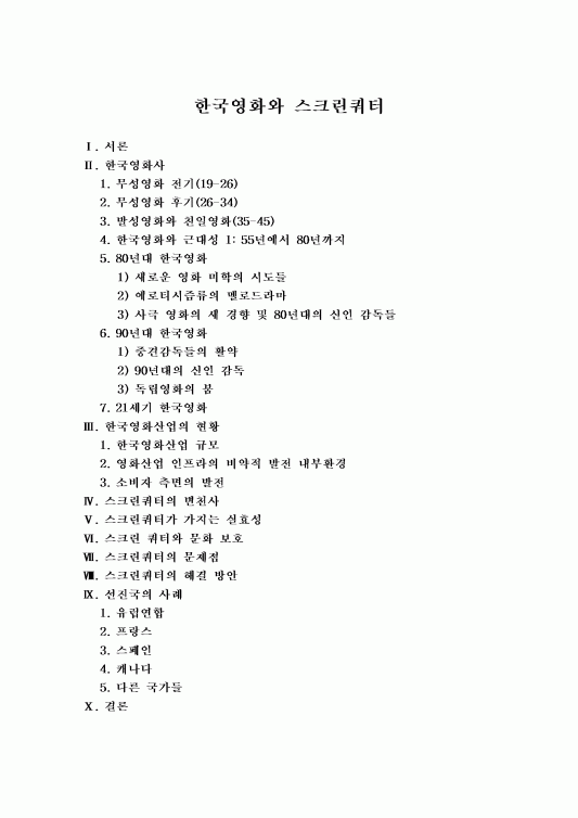 [한국영화][한국영화산업]한국영화사, 한국영화산업의 현황, 스크린쿼터의 변천사, 스크린쿼터가 가지는 실효성, 스크린쿼터와 문화보호, 스크린쿼터의 문제점, 스크린쿼터의 해결 방안, 선진국의 사례 분석