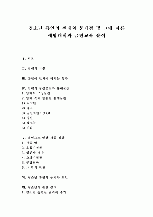 [청소년흡연][금연교육][흡연][금연][담배]청소년흡연의 실태와 문제점 및 그에 따른 예방대책과 금연교육 분석(청소년흡연 문제점, 청소년흡연의 부모지도, 청소년흡연 예방대책, 청소년금연교육 개선방안)