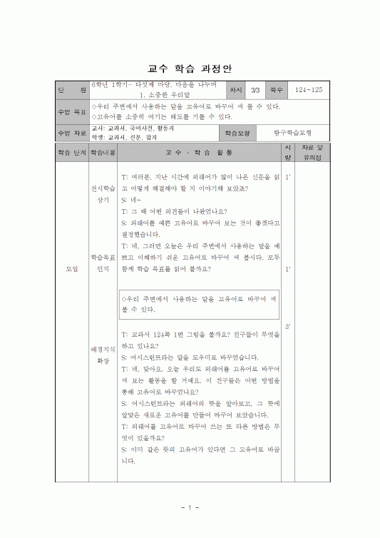 [국어교육]교수학습과정안((6학년:국어지식 우리말)-평가표 및 활동지 별첨)