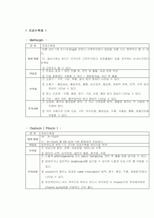 모성간호(자궁수축제, 소염진통제. 호르몬제. 항생제)