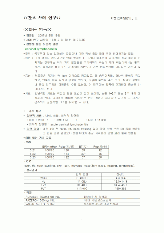 아동병동과 신생아 중환자실 간호사례 연구(간호력, 간호과정)