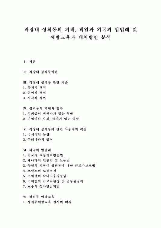 [직장내 성희롱][직장내 성희롱 예방교육]직장내 성희롱의 피해, 책임과 외국의 입법례 및 예방교육과 대처방안 분석(직장내 성희롱 판단기준, 외국의 입법례, 성희롱 예방교육, 직장내 성희롱 발생시 대처)