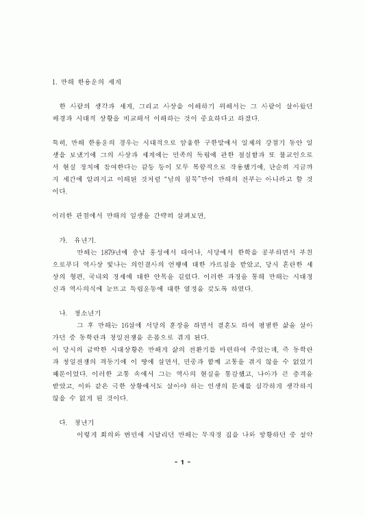 만해 한용운의 생애와 시에 대한 감상