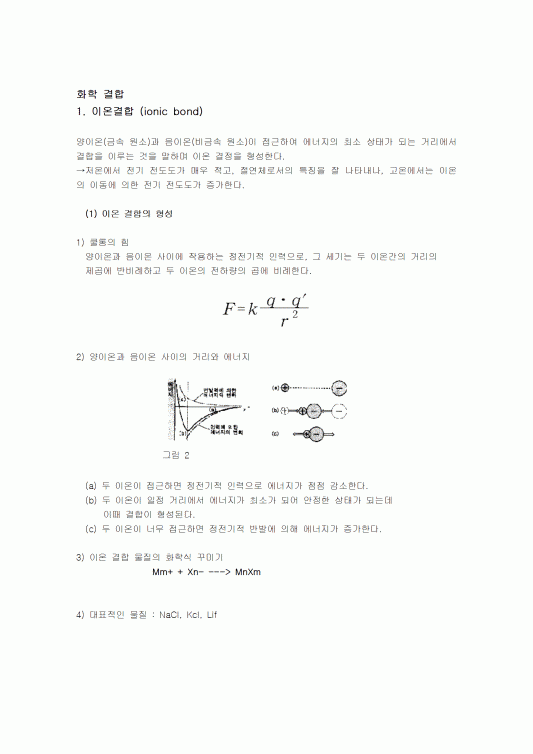 원자의 결합에 대한 설명. 종류