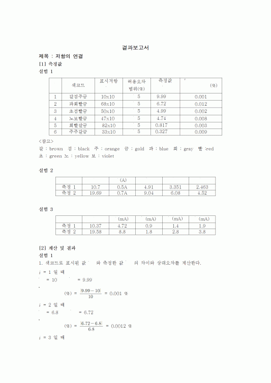 [물리]저항의연결 실험 결과레포트