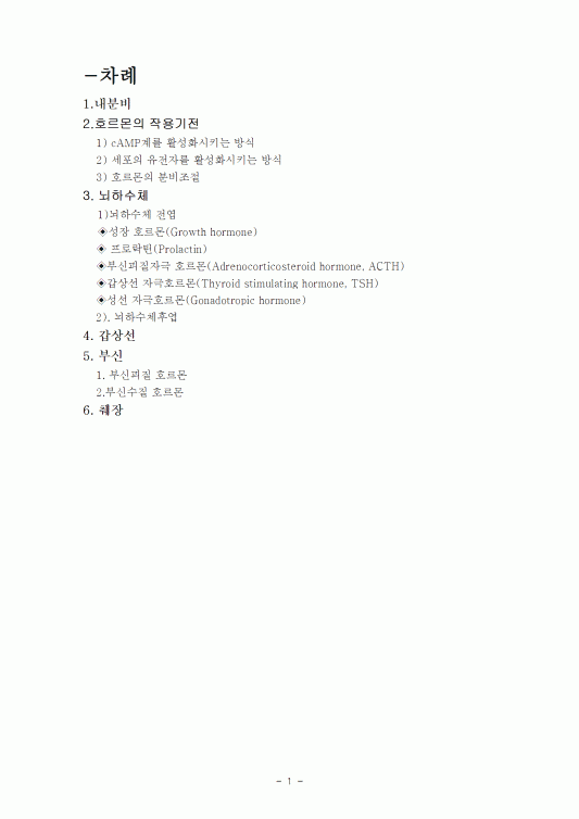 내분비 호로몬의 작용기전 뇌하수체 감상선 부신 췌장