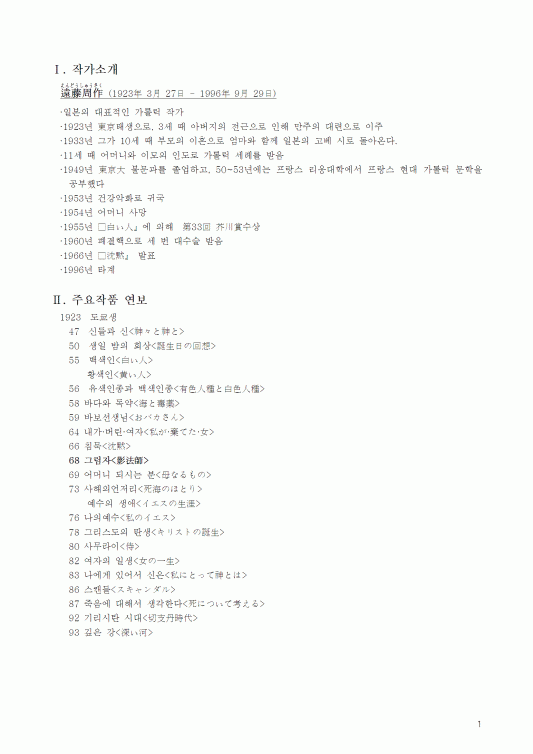遠藤周作.『影法師』- 어머니의 흔적 - 엔도 슈사꾸
