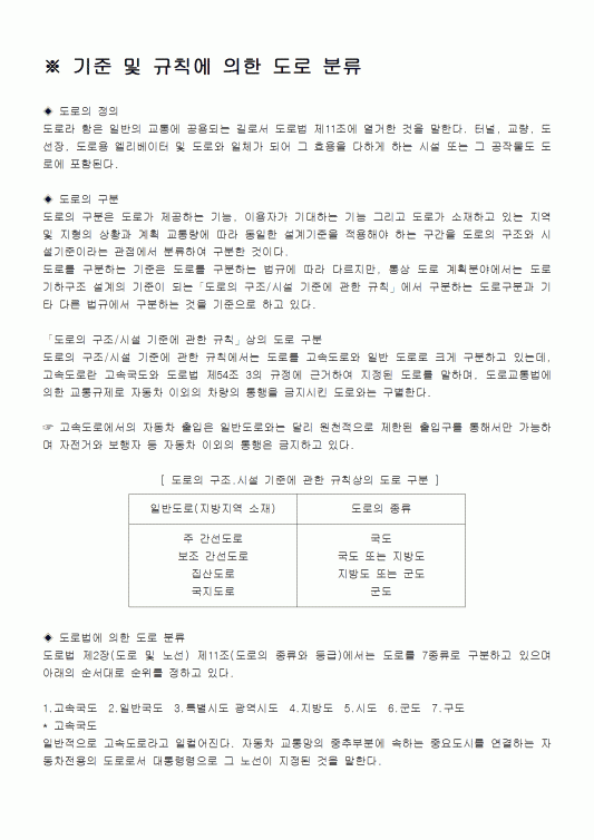 기준 및 규칙에 의한 도로 분류