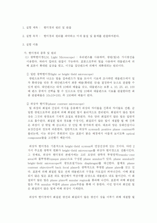 현미경의 원리 및 관찰