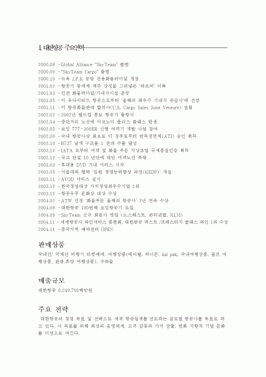 대한항공, 아시아나항공, Japan Airlines 항공사에 대하여 조사