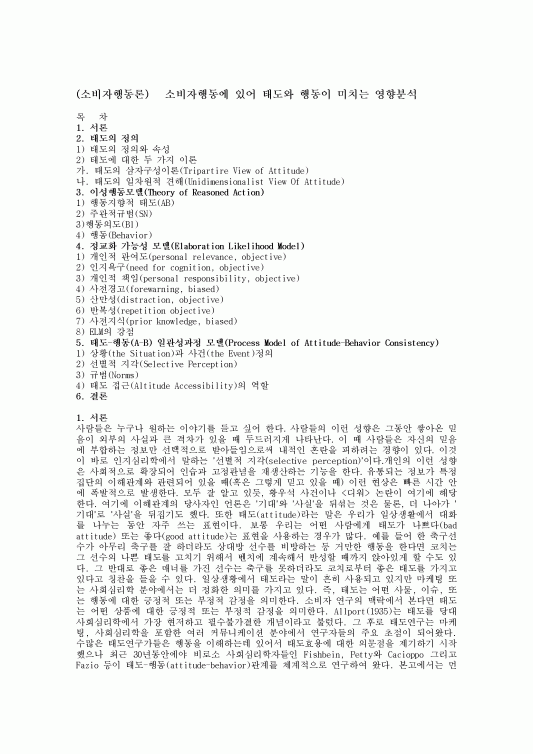 (소비자행동론)  소비자행동에 있어 태도와 행동이 미치는 영향