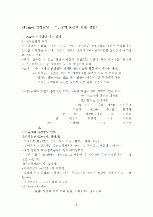 Piaget 인지발달 - 수, 양의 보존에 관한 실험