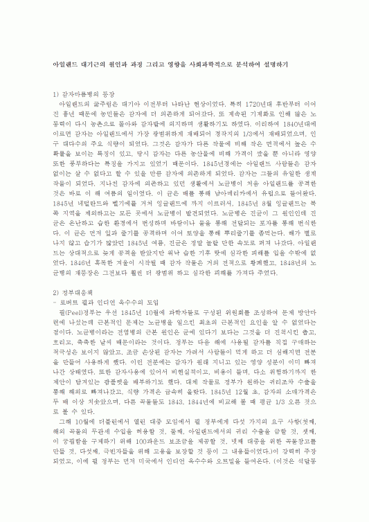아일랜드 대기근의 원인과 과정 그리고 영향을 사회과학적으로 분석하여 설명하기