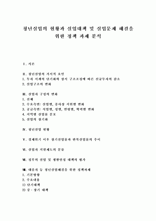 청년실업 거시적 요인, 청년실업 현황, 장기실업률과 반복실업률의 추이, 실업자 지원제도, 정부 실업 및 생활안정 대책 평가, 대졸자 등 청년실업해결을 위한 정책과제, 실업자와 실업문제 해결을 위한 정책제언