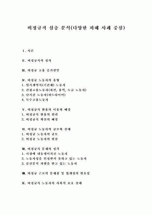 [비정규직][비정규근로]비정규직 심층 분석(다양한 피해 사례 중심)(비정규고용 증가원인, 비정규노동자의 유형, 비정규노동자의 규모와 실태, 비정규직 피해 사례, 비정규직고용 향후 개선방안)
