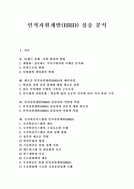 [인적자원개발][HRD]인적자원개발(HRD) 심층 분석(인적자원개발(HRD) 패러다임, 인적자원개발(HRD) 담당자 역할과 역량, 국가혁신시스템과 인적자원개발(HRD), 노사협력적 인적자원개발(HRD))