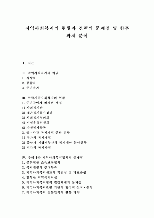 지역사회복지 이념, 지역사회복지 현황, 지역사회복지정책 문제점, 지역사회복지 실천모델, 지역사회복지계획의 성격, 지역사회복지네트워크 구축영역,성격, 지역사회복지실천의 주체와 조직화 과제 분석
