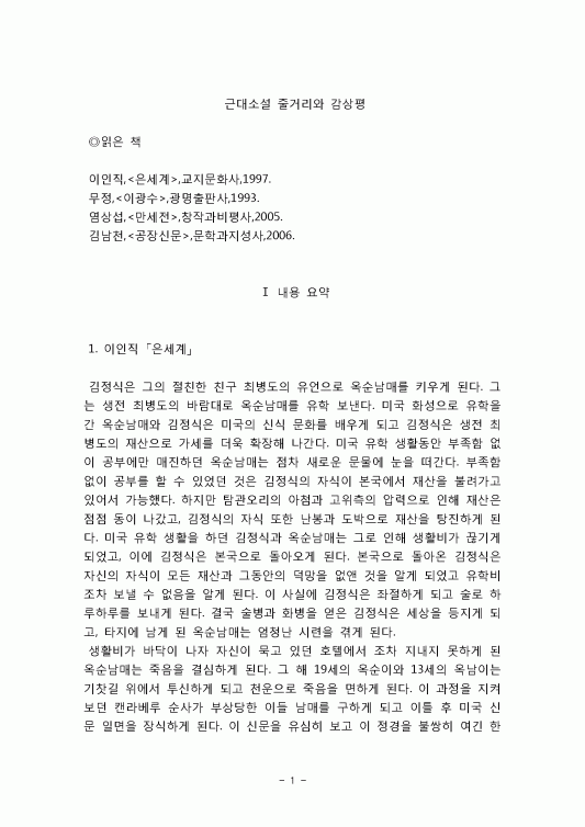 근대소설 줄거리와 감상문