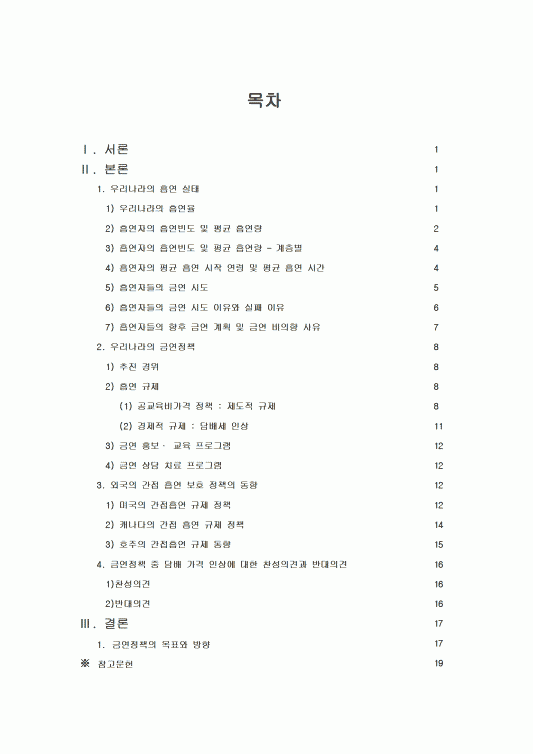 우리나라의 흡연실태와 금연정책 담배가격 인상 찬성과 반대