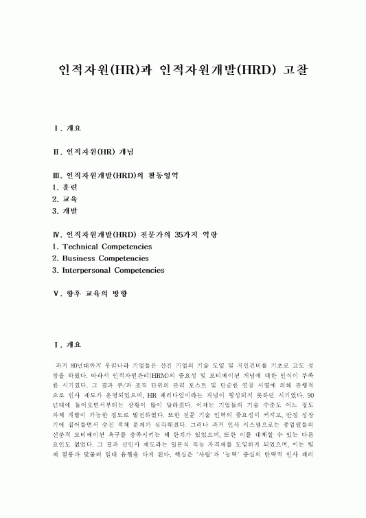[인적자원][HR][인적자원개발][HRD]인적자원(HR)과 인적자원개발(HRD) 고찰(인적자원(HR) 개념, 인적자원개발(HRD)의 활동영역, 인적자원개발(HRD) 전문가의 35가지 역량, 향후 교육의 방향)(인적자원)
