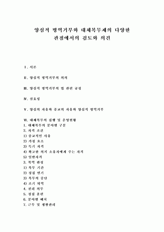 양심적 병역거부의 의의, 양심적 병역거부의 법 관련 규정, 양심의 자유와 종교의 자유와 양심적 병역거부, 대체복무의 집행 및 운영현황, 각국 양심적 병역거부권 보장의 현황, 양심적 병역거부에 대한 나의 의견